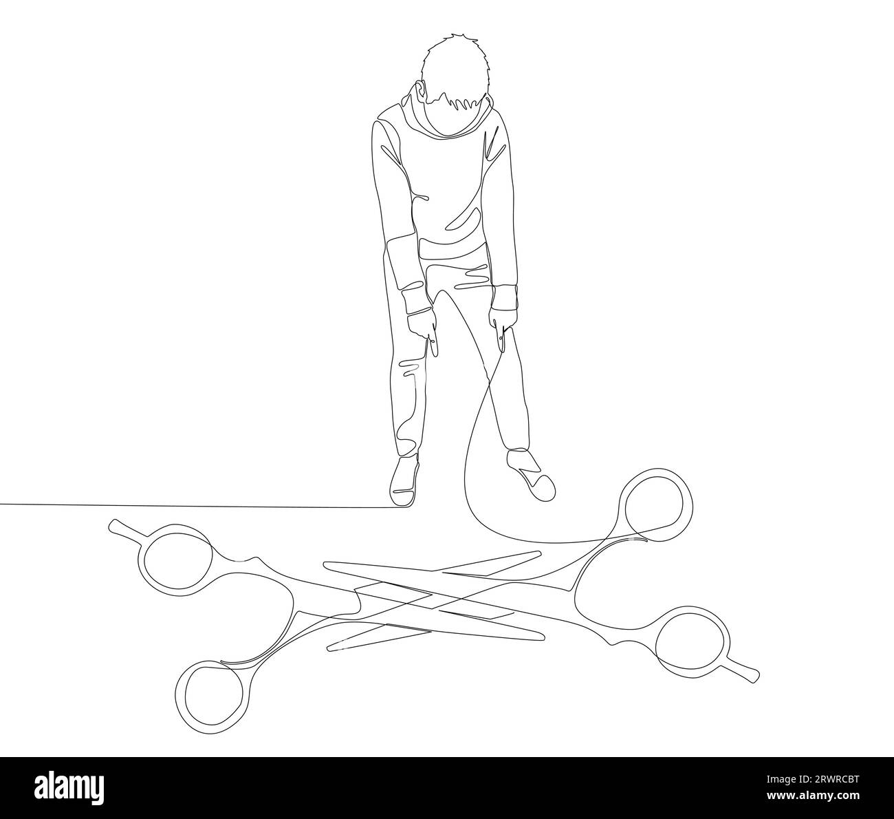 One Continuous Line Of Man Pointing With Finger At Scissor Thin Line Illustration Vector