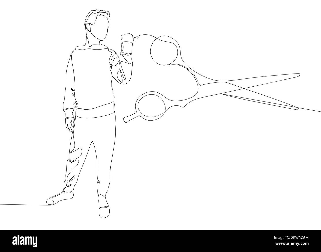 One continuous line of Man pointing with finger at scissor. Thin Line ...