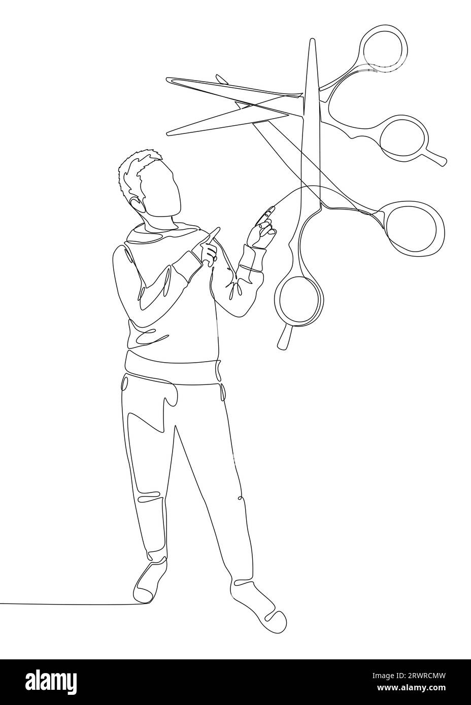 One Continuous Line Of Man Pointing With Finger At Scissor Thin Line Illustration Vector