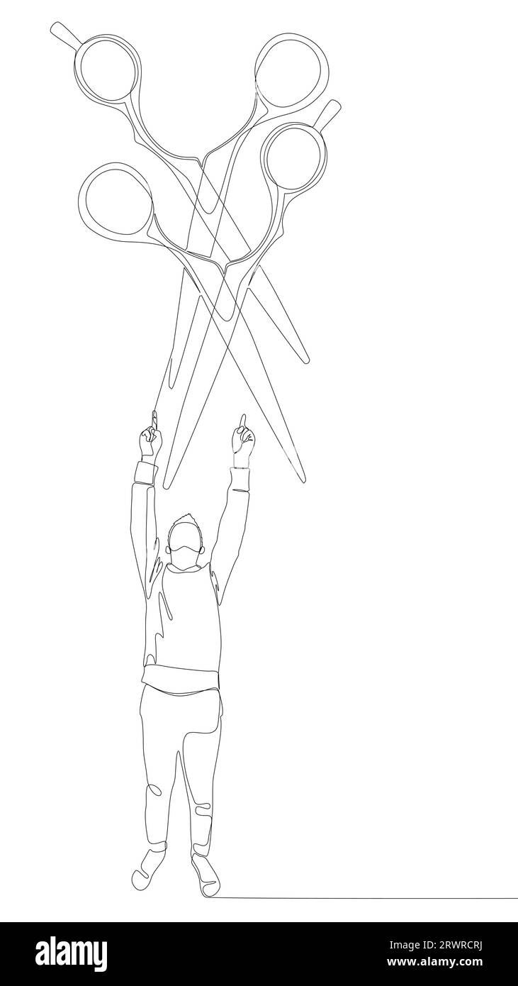 One Continuous Line Of Man Pointing With Finger At Scissor Thin Line Illustration Vector