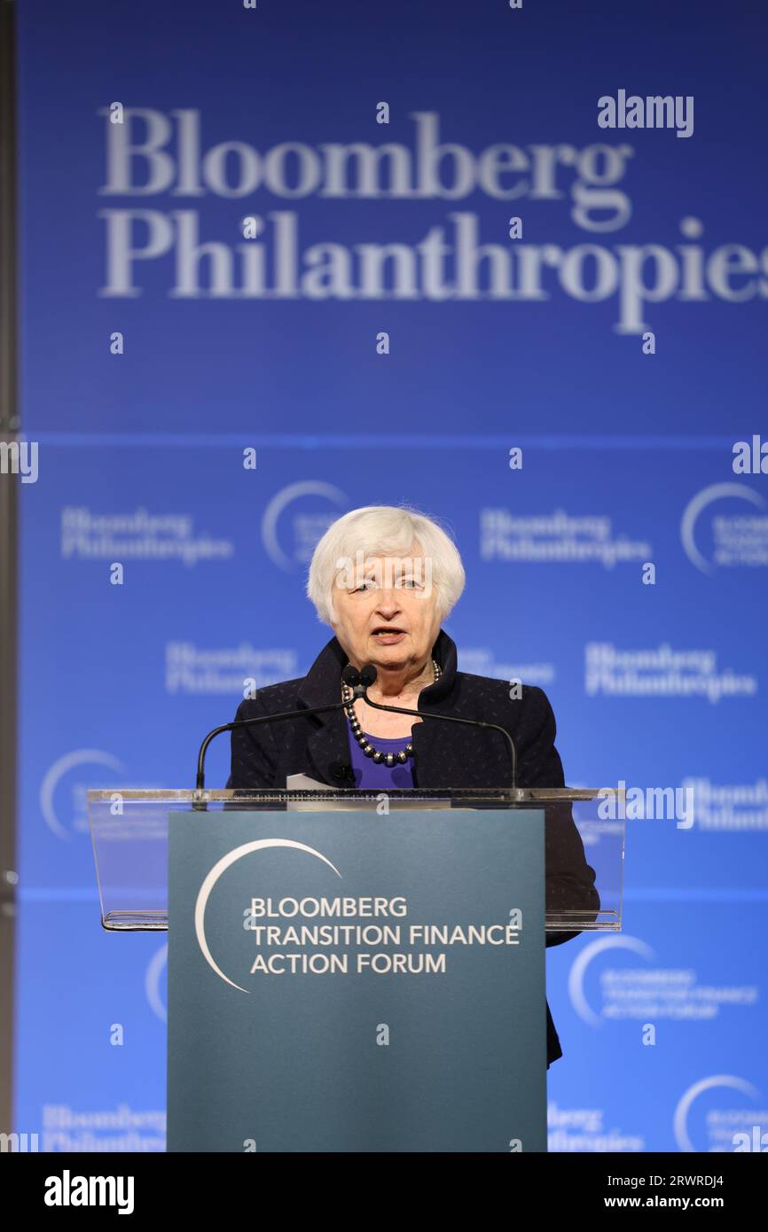 USA. 19th Sep, 2023. Janet Yellen speaks at the Transition Finance ...