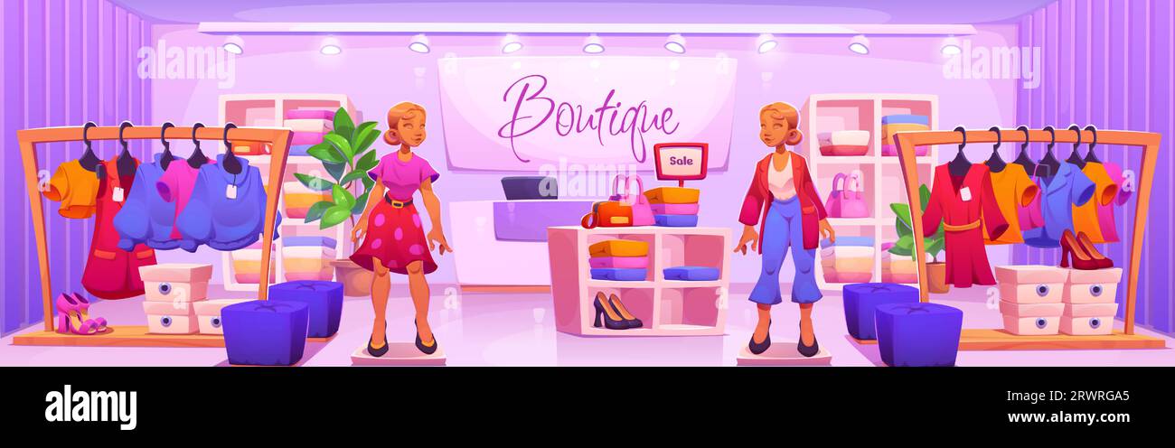 Fashion shop with purple interior vector design. Wardrobe store ...