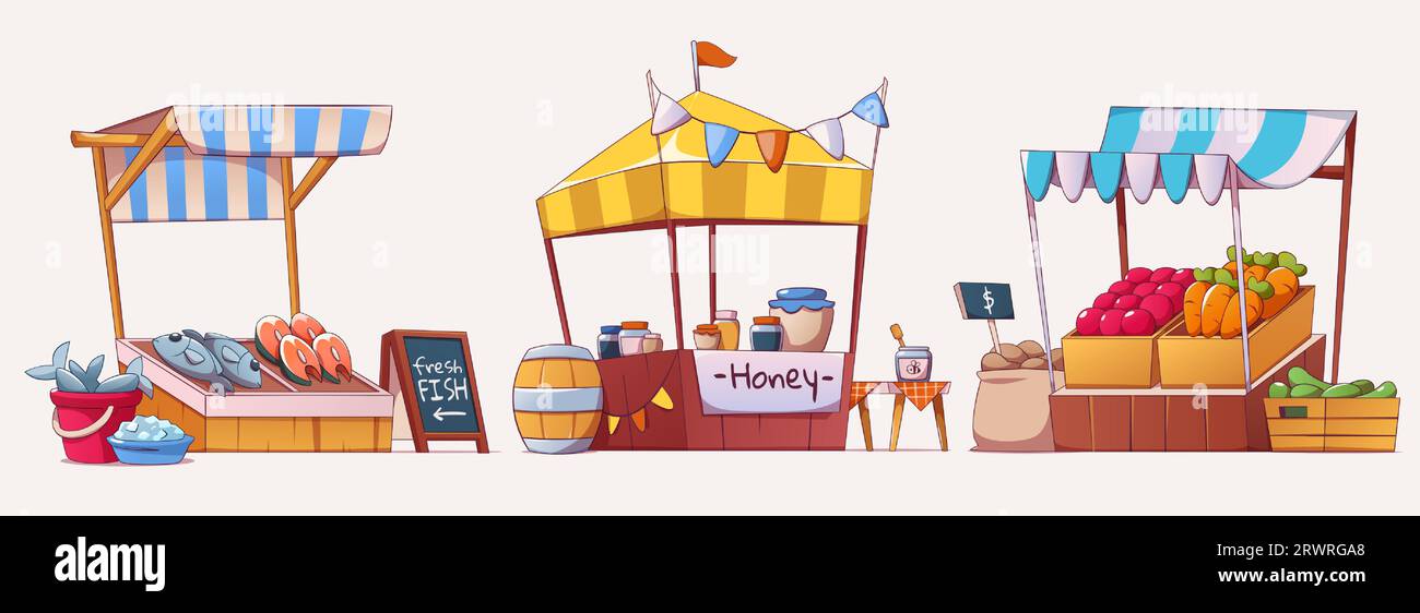 Set of market stalls selling food isolated on white background. Vector ...