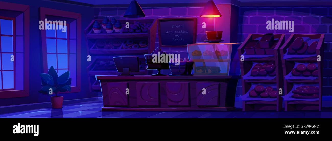 Night bakery shop interior with furniture. Vector cartoon illustration ...