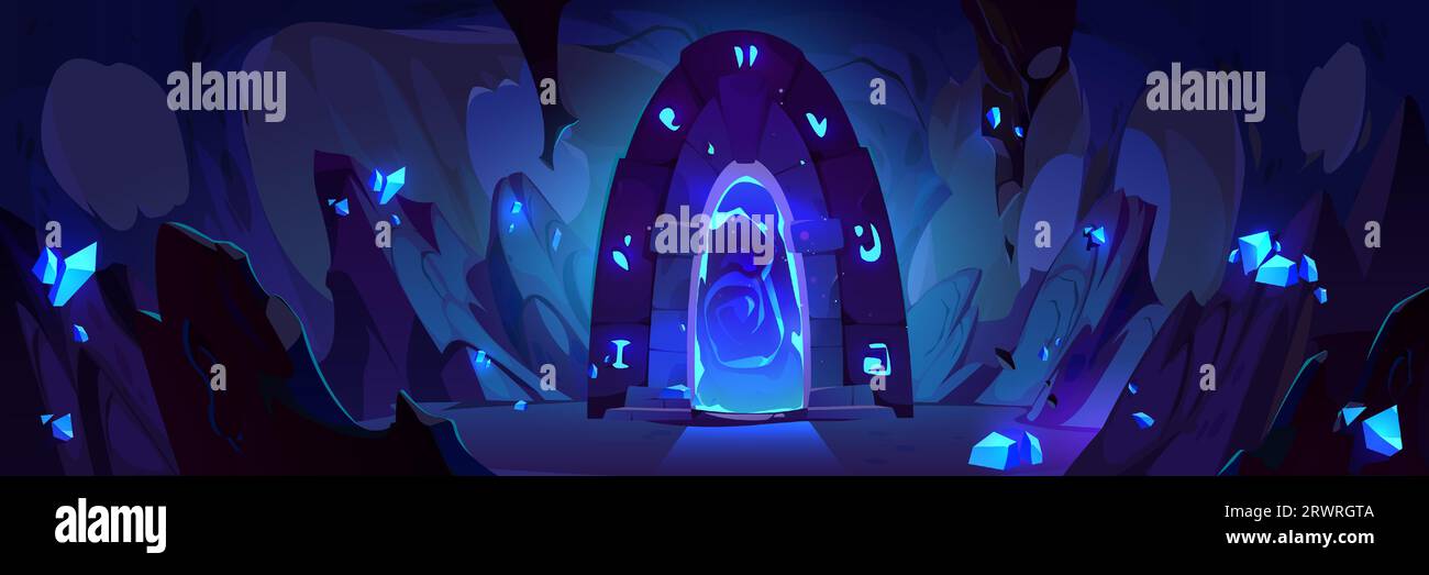 Fantasy portal to another world or game level in dark cave with stone ...