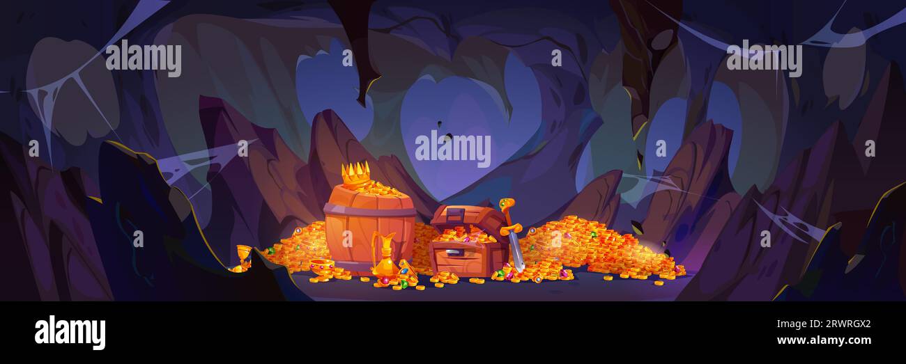 Gold coin and treasure in mine cave vector cartoon background. Pile of ...