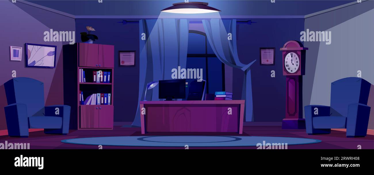 Chief office interior in evening - dark boss room with computer on desk ...