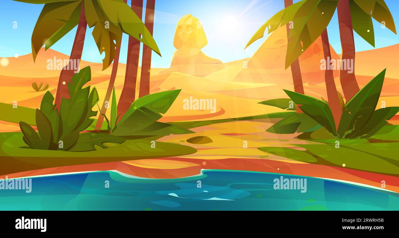 Oasis lake in sandy desert with sphinx statue. Vector cartoon ...