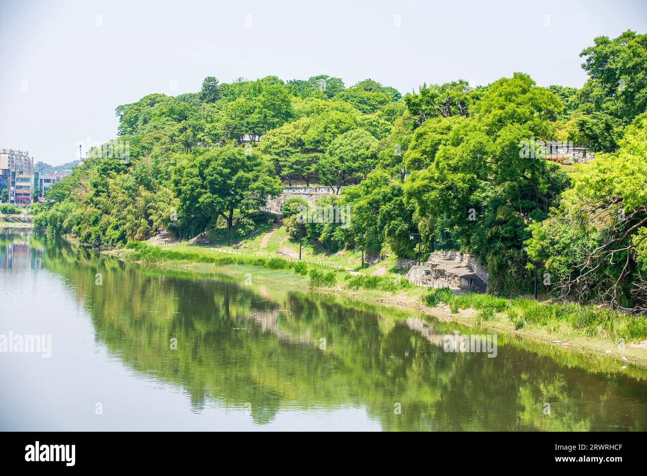 Landscape of Nam river edge with lush green trees reflecting in the ...