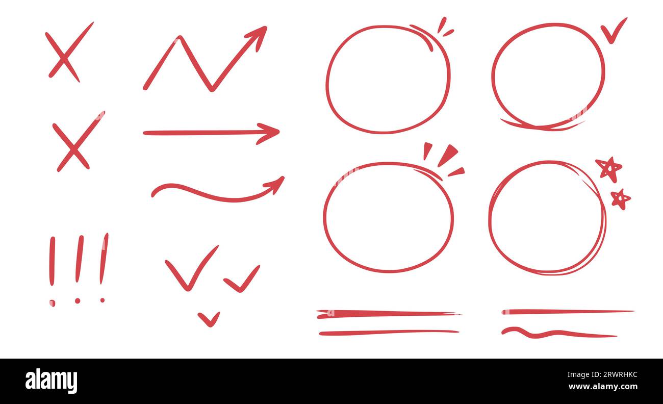 Red line check mark, underline, circle. Hand drawn doodle sketch red ...