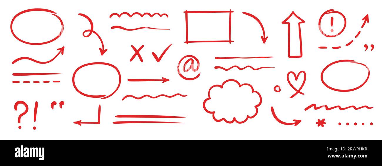 Pen marker line red arrow, underline, emphasis element set. Hand drawn ...
