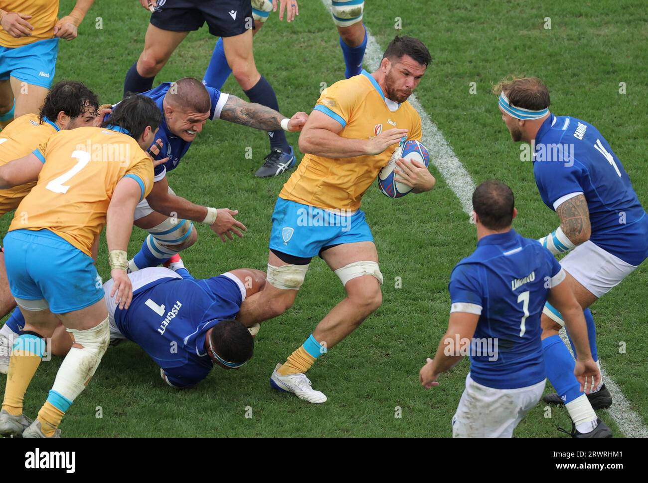 MANUEL DIANA of Uruguay struggles to keep a ball during the Pool A ...