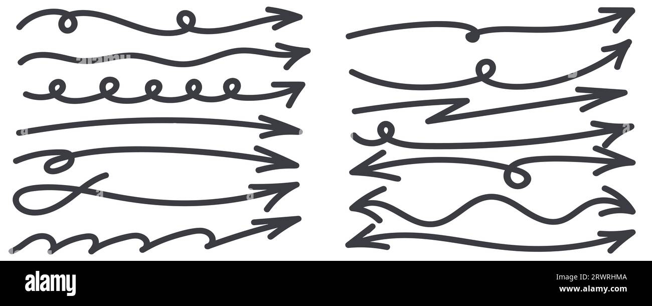 Long line arrow. Thin doodle haqndwrited curve signs. Black vector ...