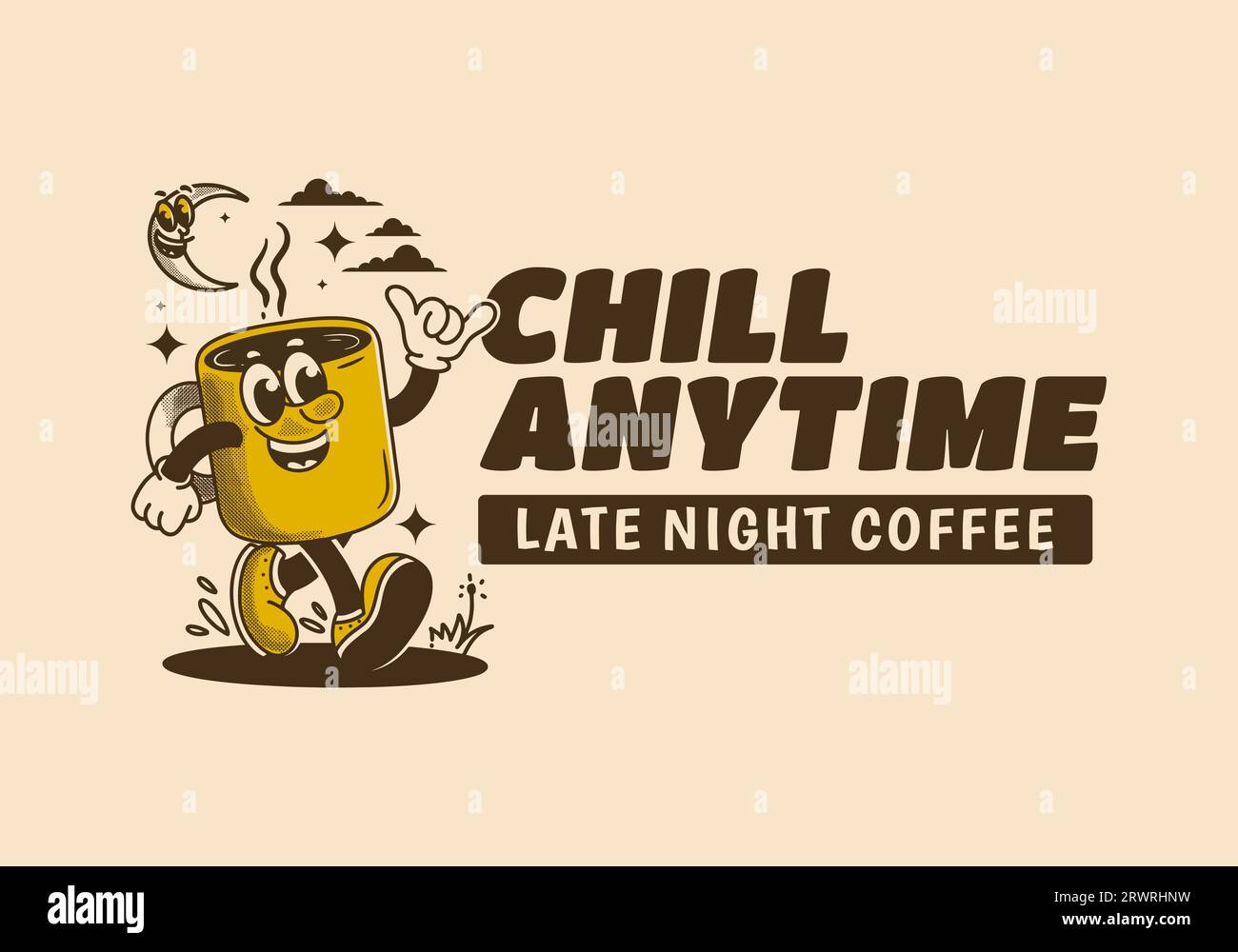 Chill anytime, late night coffee. mascot character illustration of ...