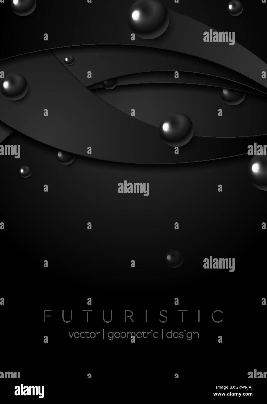 Black abstract tech wavy flyer design with 3d glossy circles. Geometric ...
