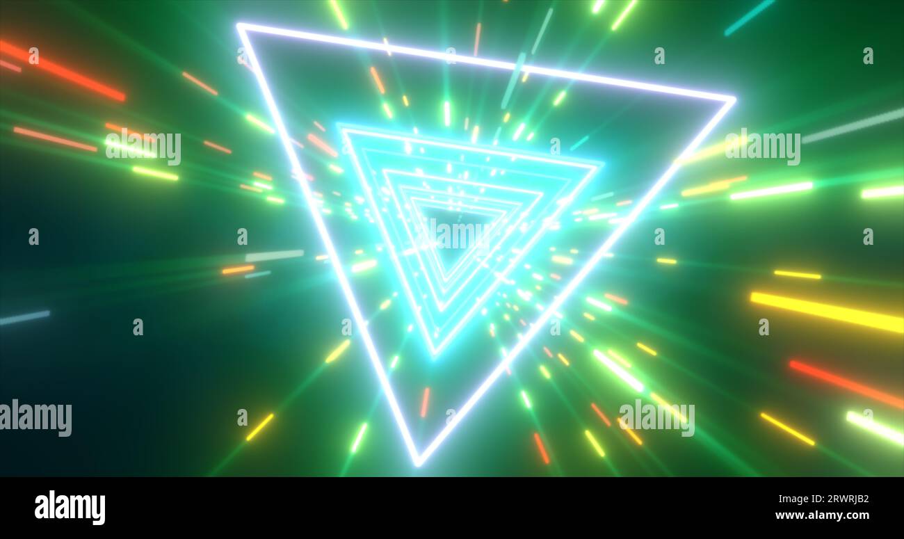 Abstract green energy futuristic hi-tech tunnel of flying triangles and ...