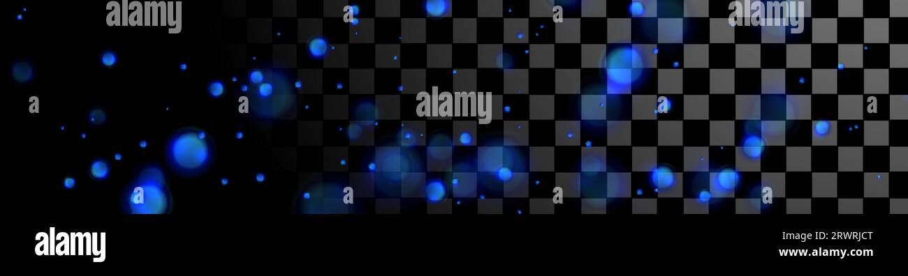 Deep blue luminous bokeh lights particles on checkered transparent ...