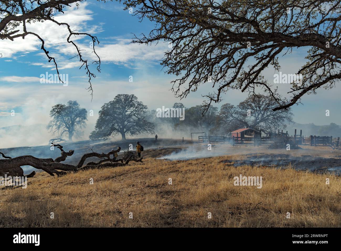 a metal barn that survived wildfire with smoke lingering Stock Photo ...