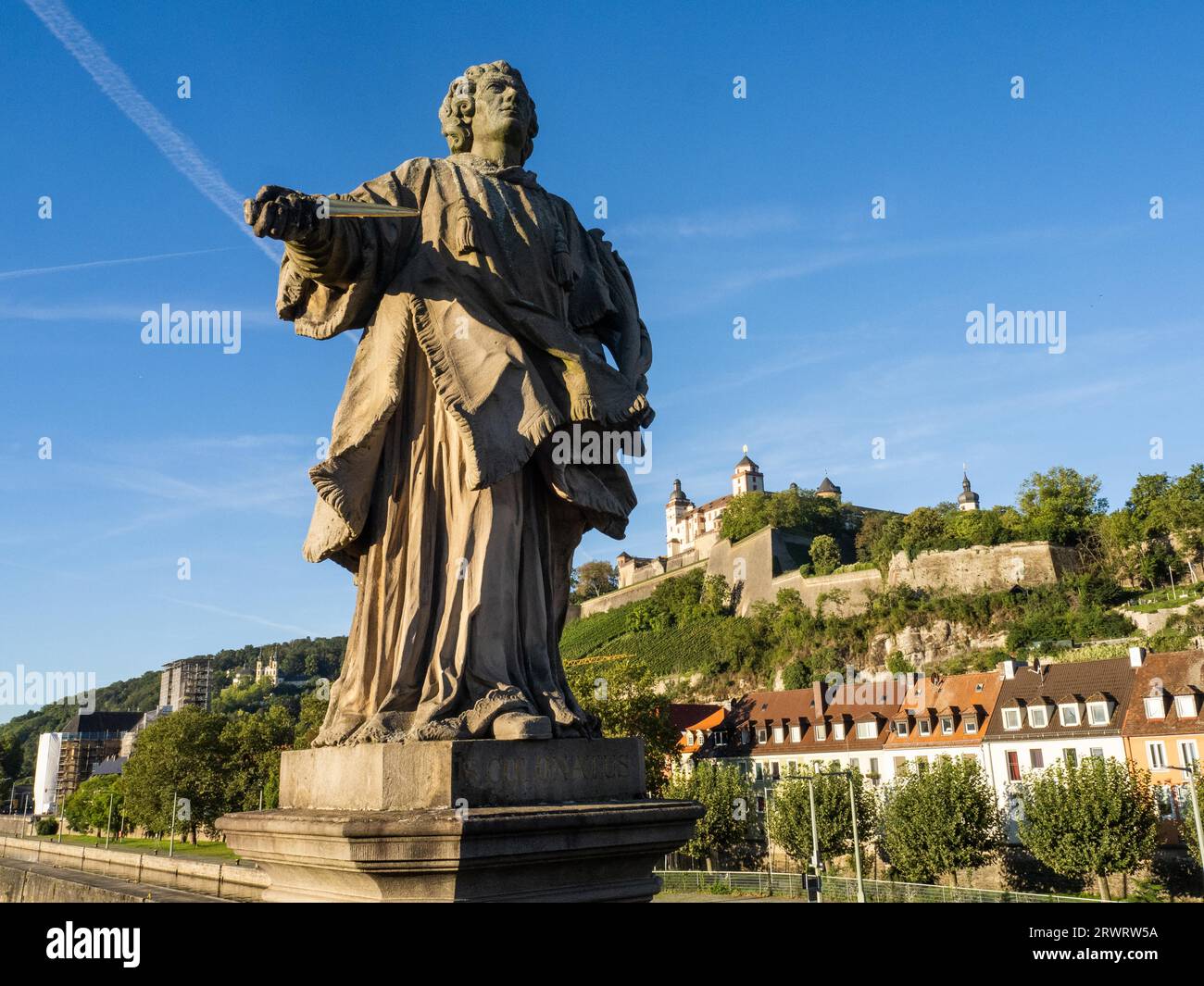 Marienberg Fortress and the statue of Saint Kolonat, one of the ...