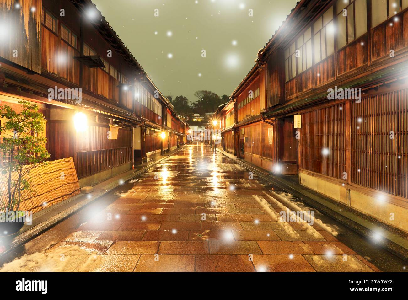 Winter in Hokuriku Kanazawa, snow falling on Higashi Chaya-gai Stock ...