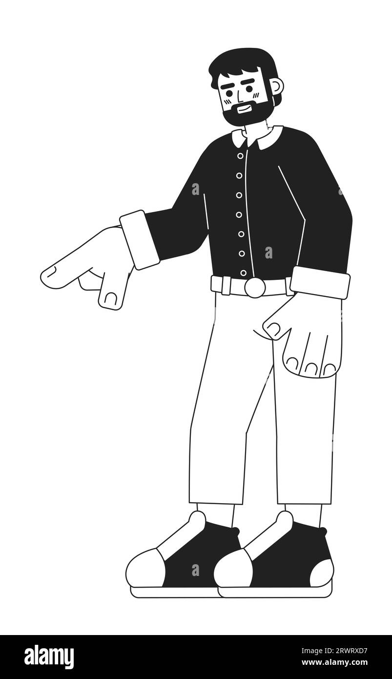 Bearded Caucasian Man Pointing Finger Black And White 2d Cartoon