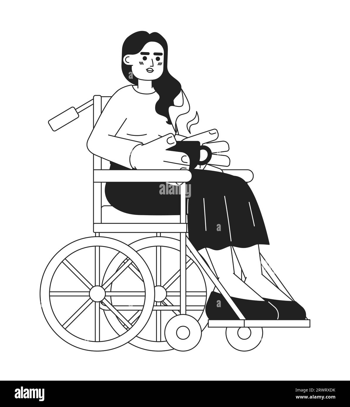 Wheelchair young adult woman holding coffee cup black and white 2D ...