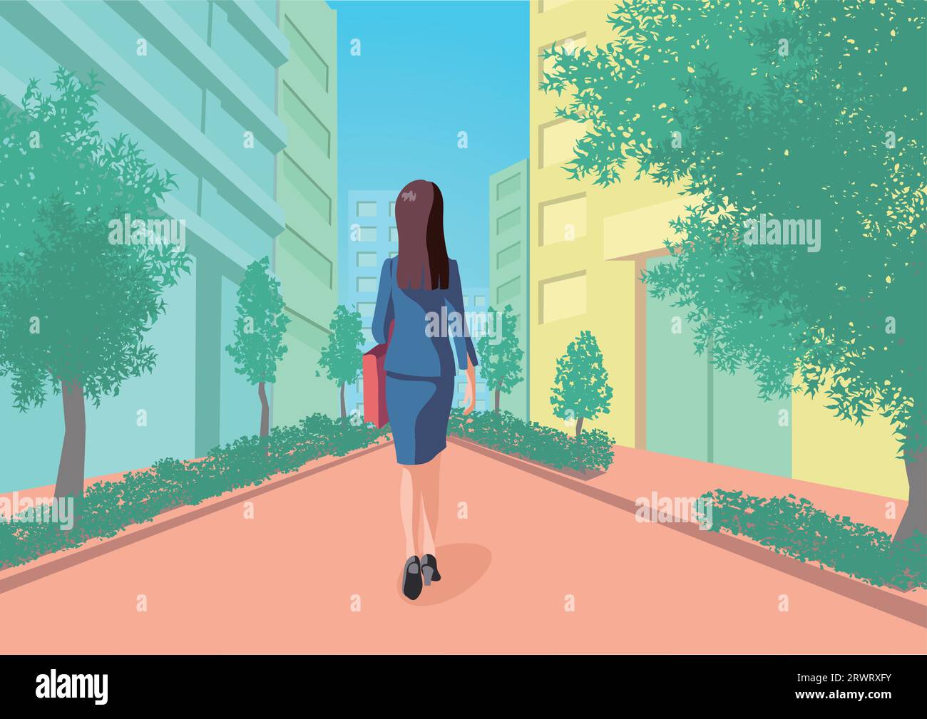A woman back view in a suit walking on a straight road in a business ...