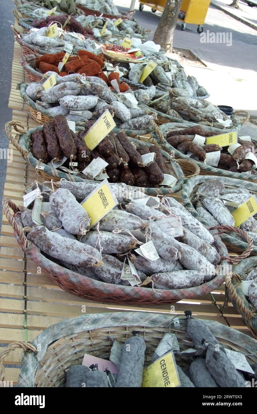 Sausage display with different varieties Stock Photo - Alamy