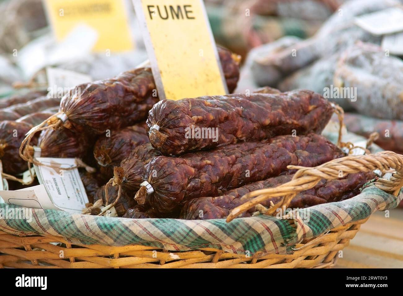 Display of various types of hard sausage Stock Photo - Alamy