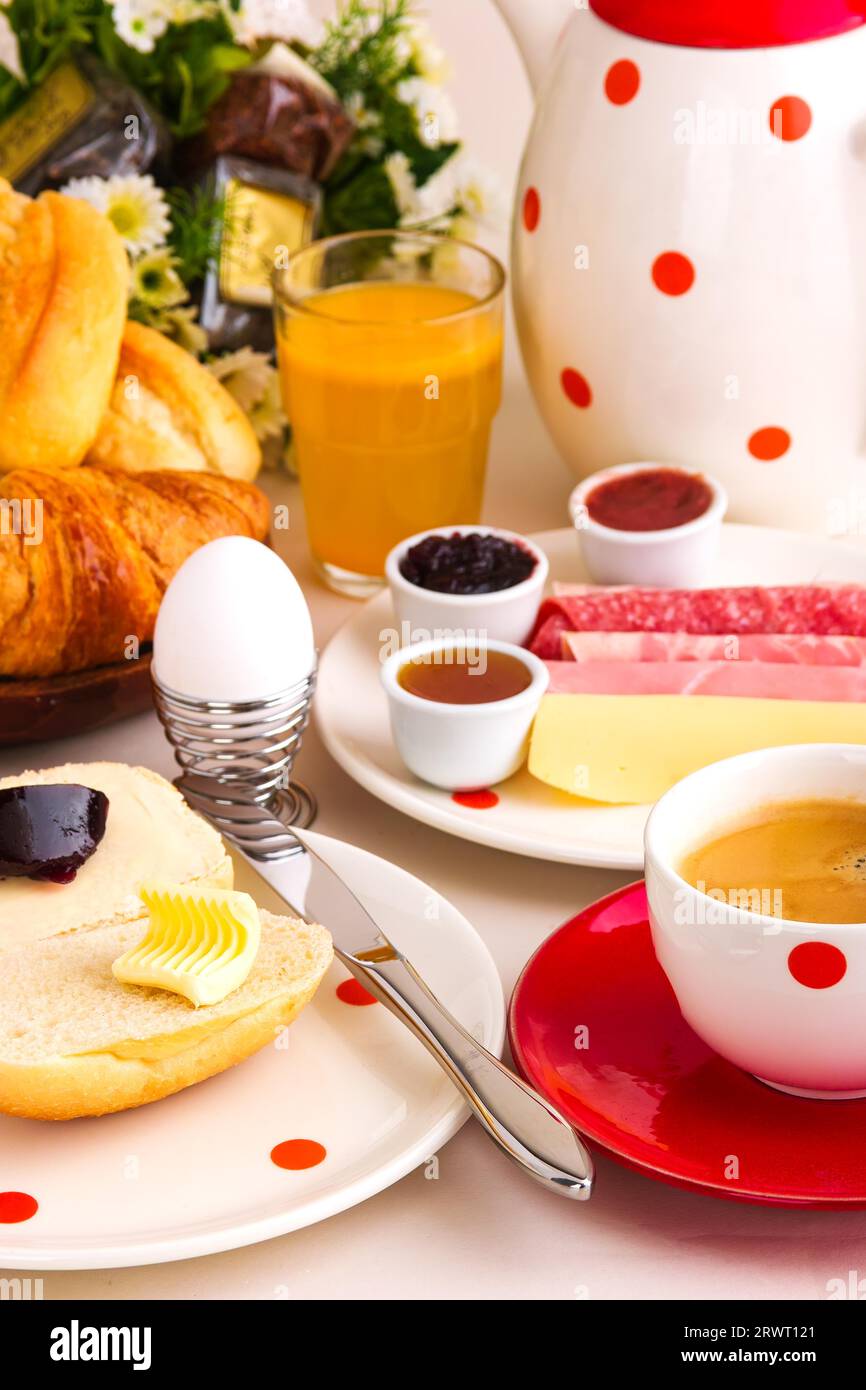 Breakfast set with rolls, coffee and other ingredients Stock Photo - Alamy