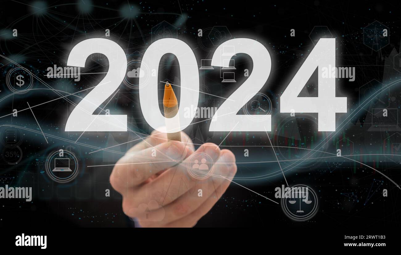 Finger choosing 2024 number on virtual screen, anticipating New Year on ...