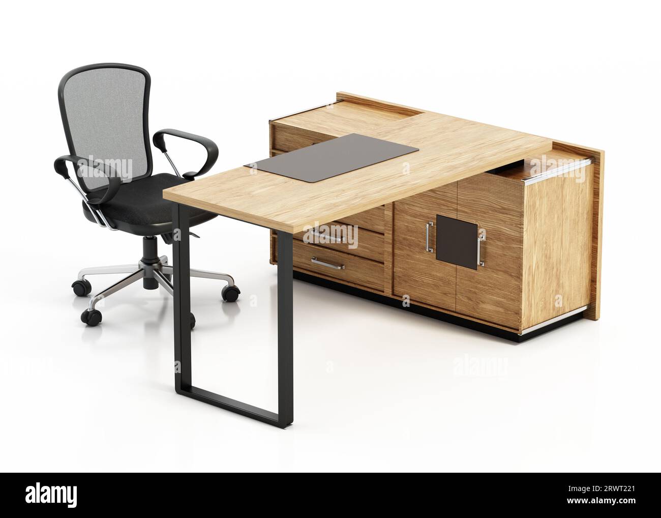 Modern office table and chair isolated on white background. 3D ...