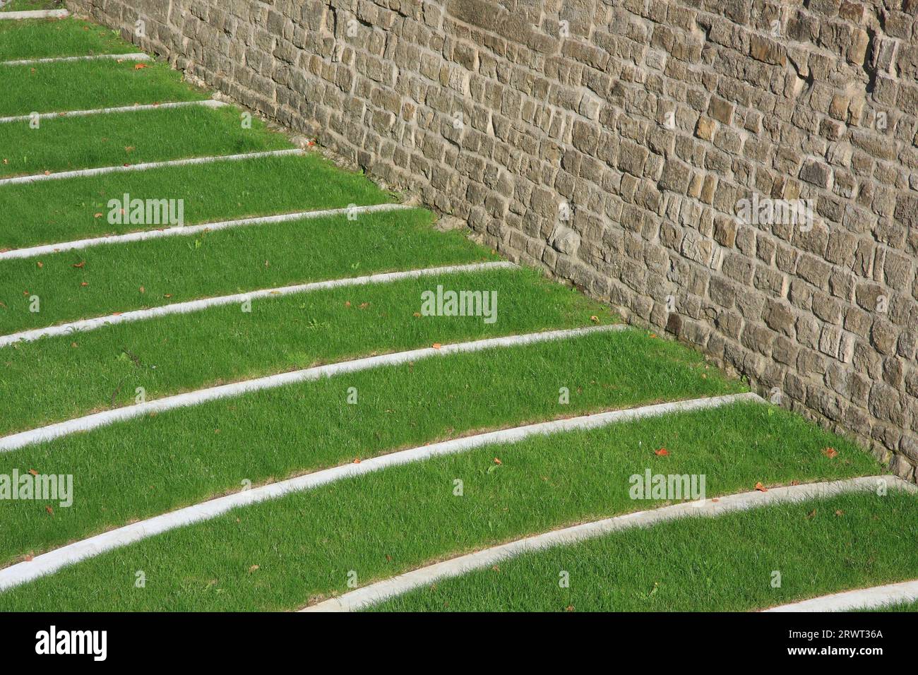 Artificial lawn, lawn art, piece of lawn with white painted circles in ...