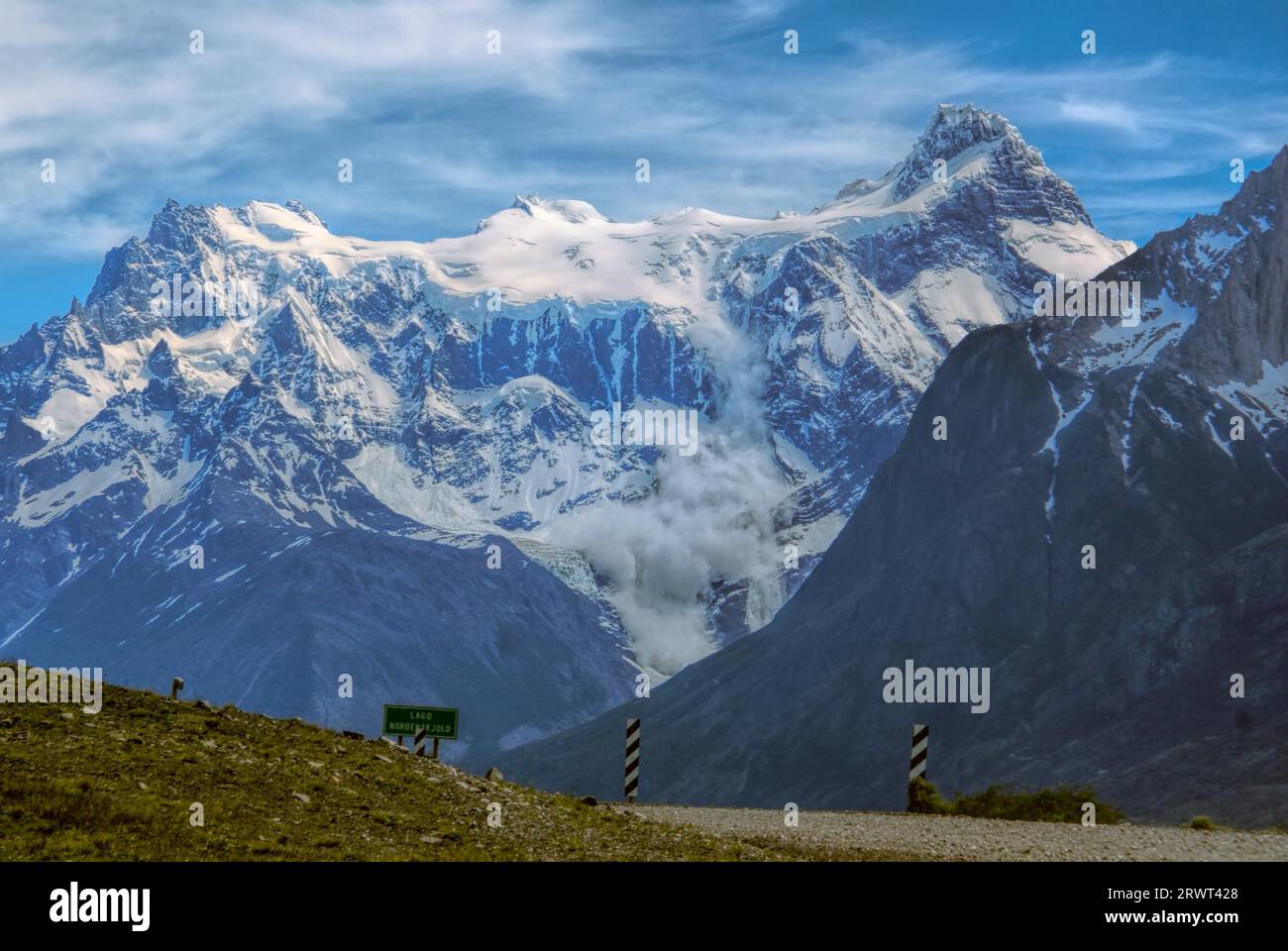 Avalanche in Torres del Paine national park in south American Andes ...