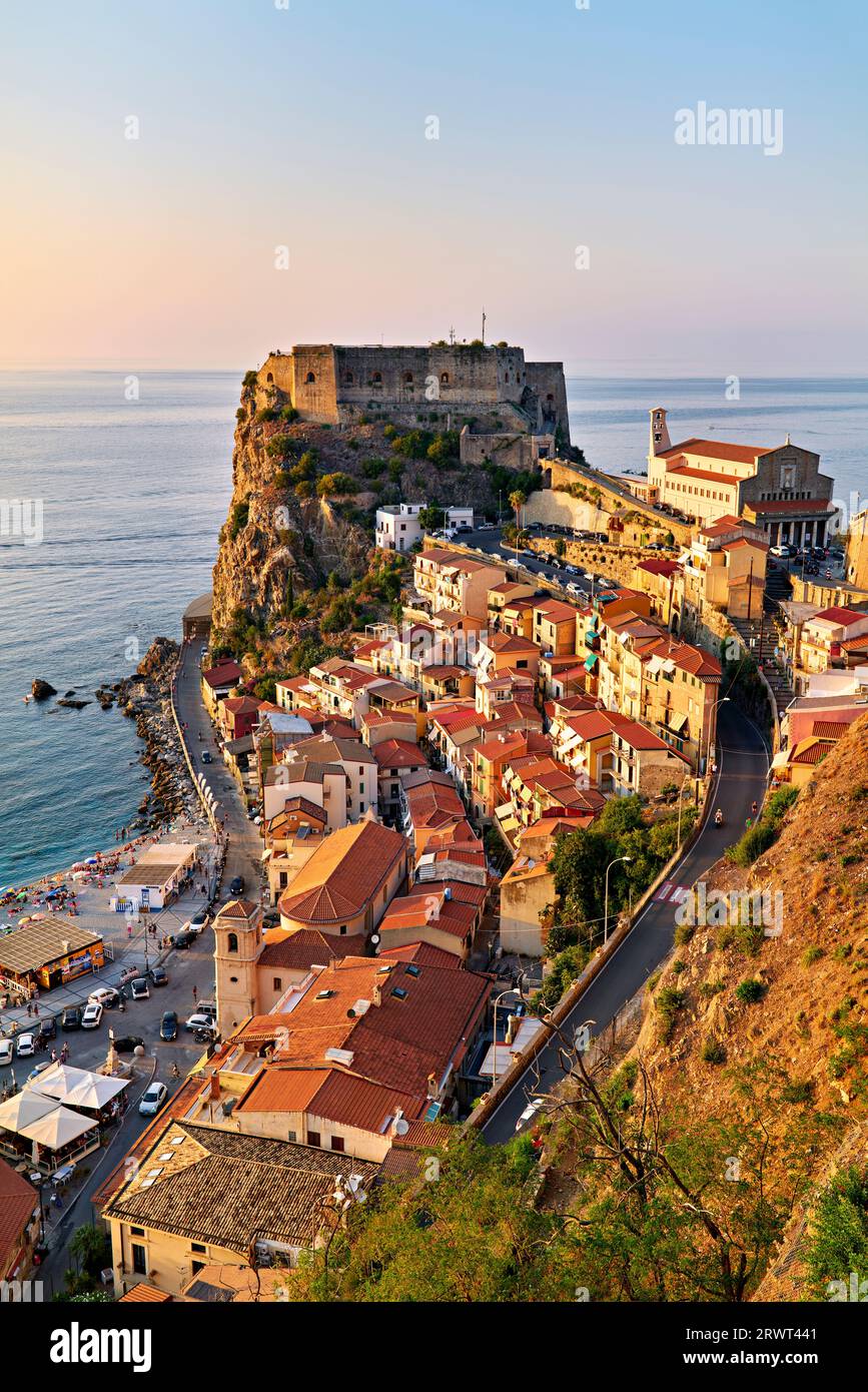 The city of Scilla Calabria Italy. Elevated view of the Ruffo castle at ...