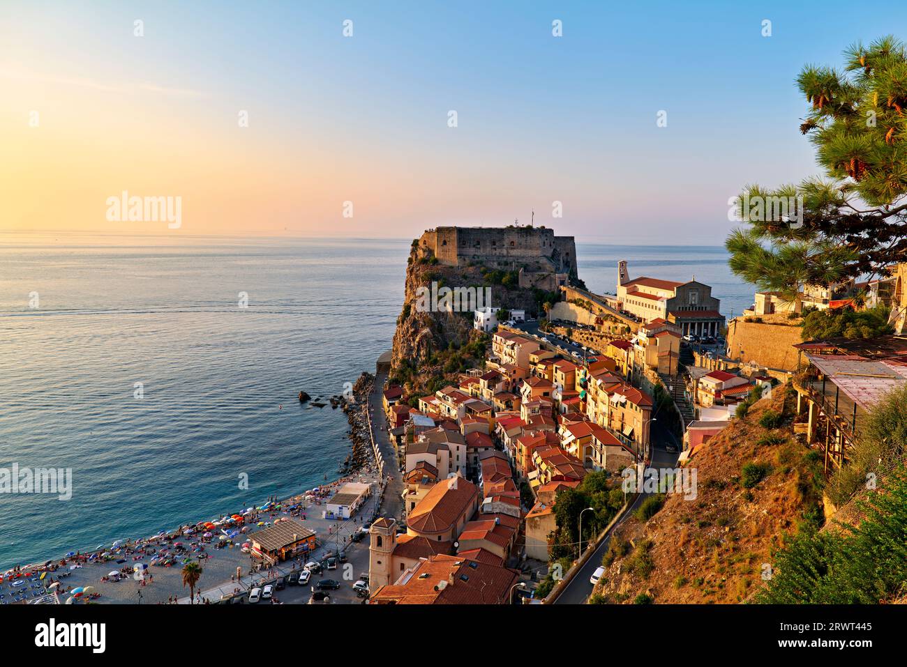 The city of Scilla Calabria Italy. Elevated view of the Ruffo castle at ...