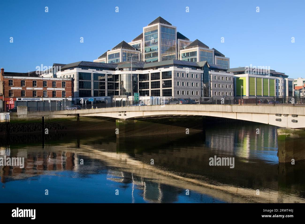 Modern architecture in Dublin downtown by the river Liffey in Ireland ...