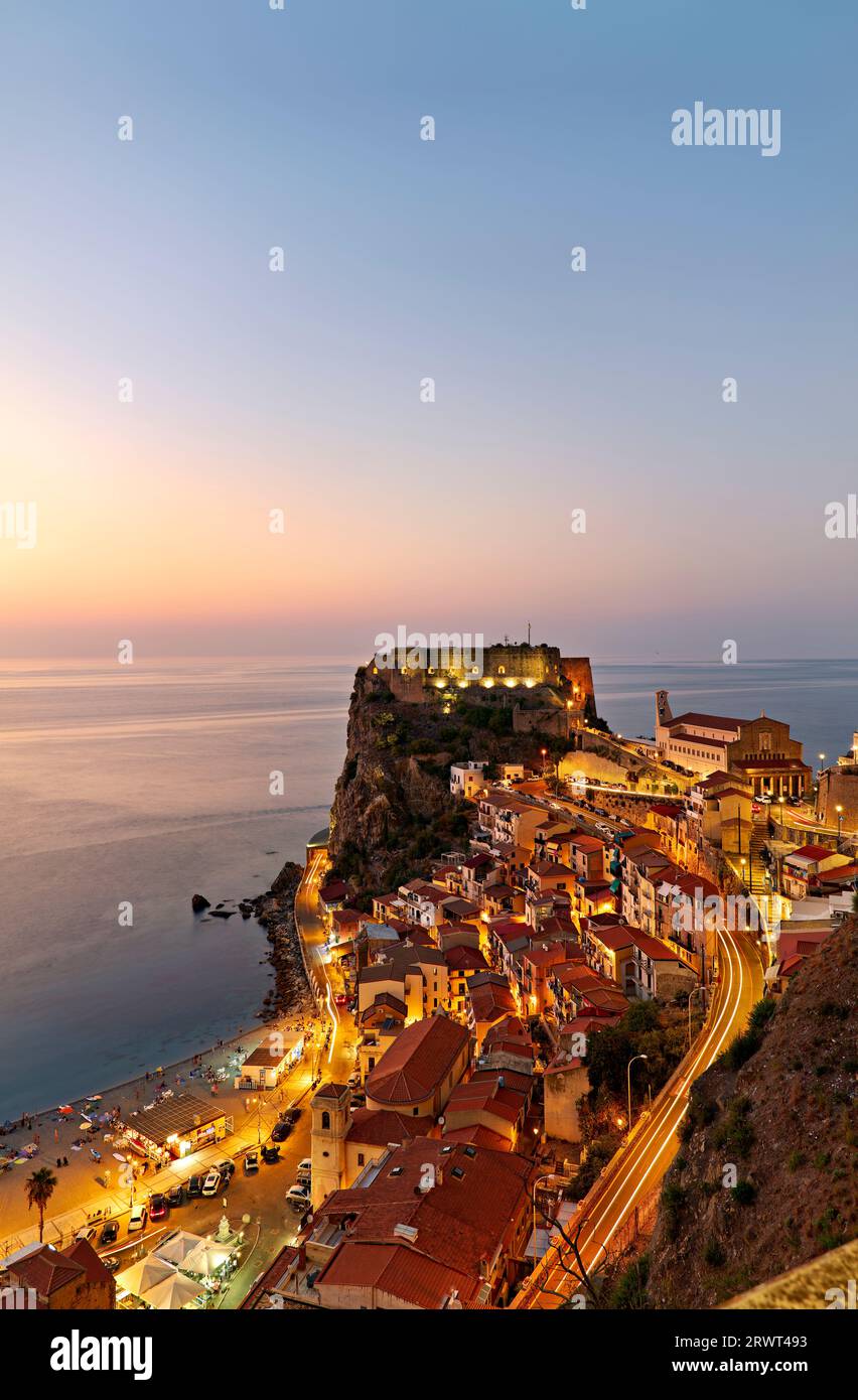 The city of Scilla Calabria Italy. Elevated view of the illuminated ...