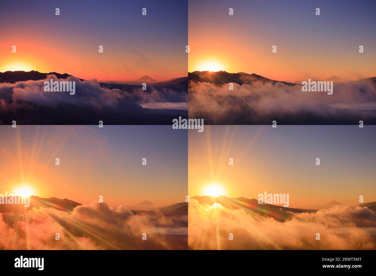 Mt. Fuji and the sea of clouds with the rising sun from the Yatsugatake ...