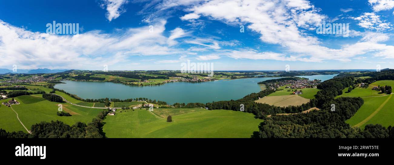 Drone shot, panoramic view of Lake Obertrum with the villages of ...