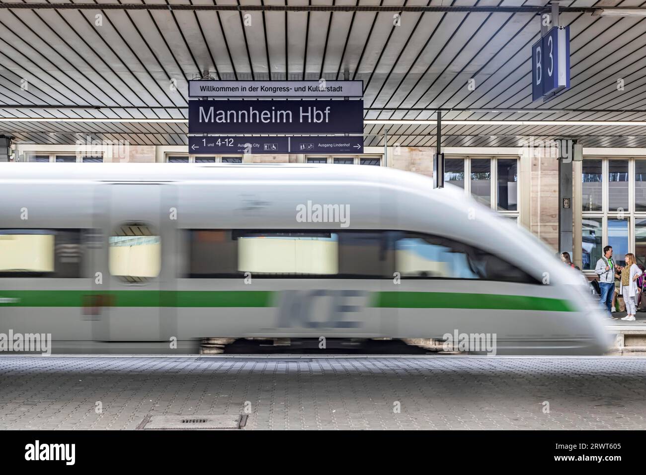 Main station with Deutsche Bahn AG ICE and station sign, Mannheim, Baden-Württemberg, Germany ...
