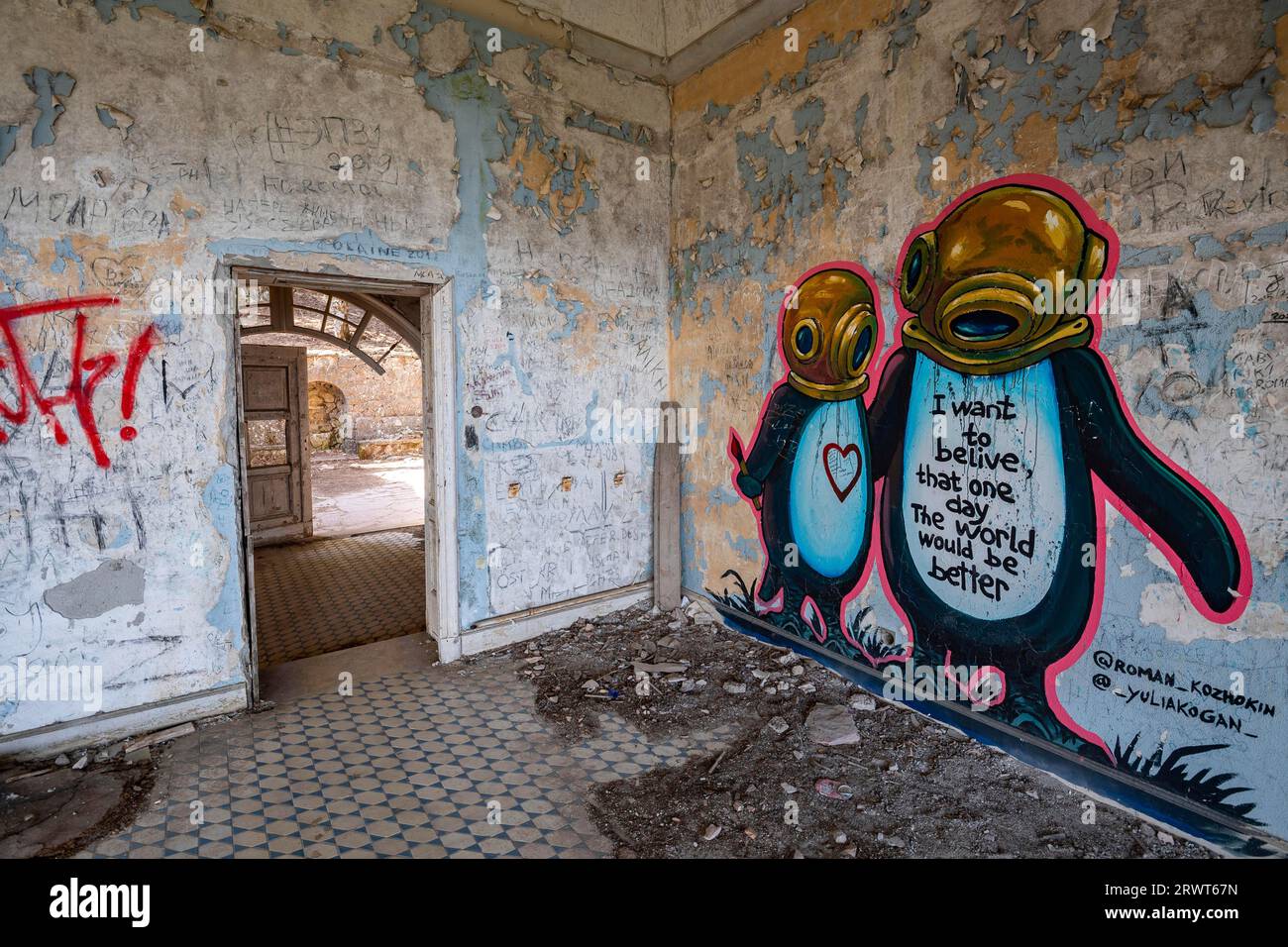 Lost Place, interior with windows, graffiti, Villa de Vecci, Villa ...