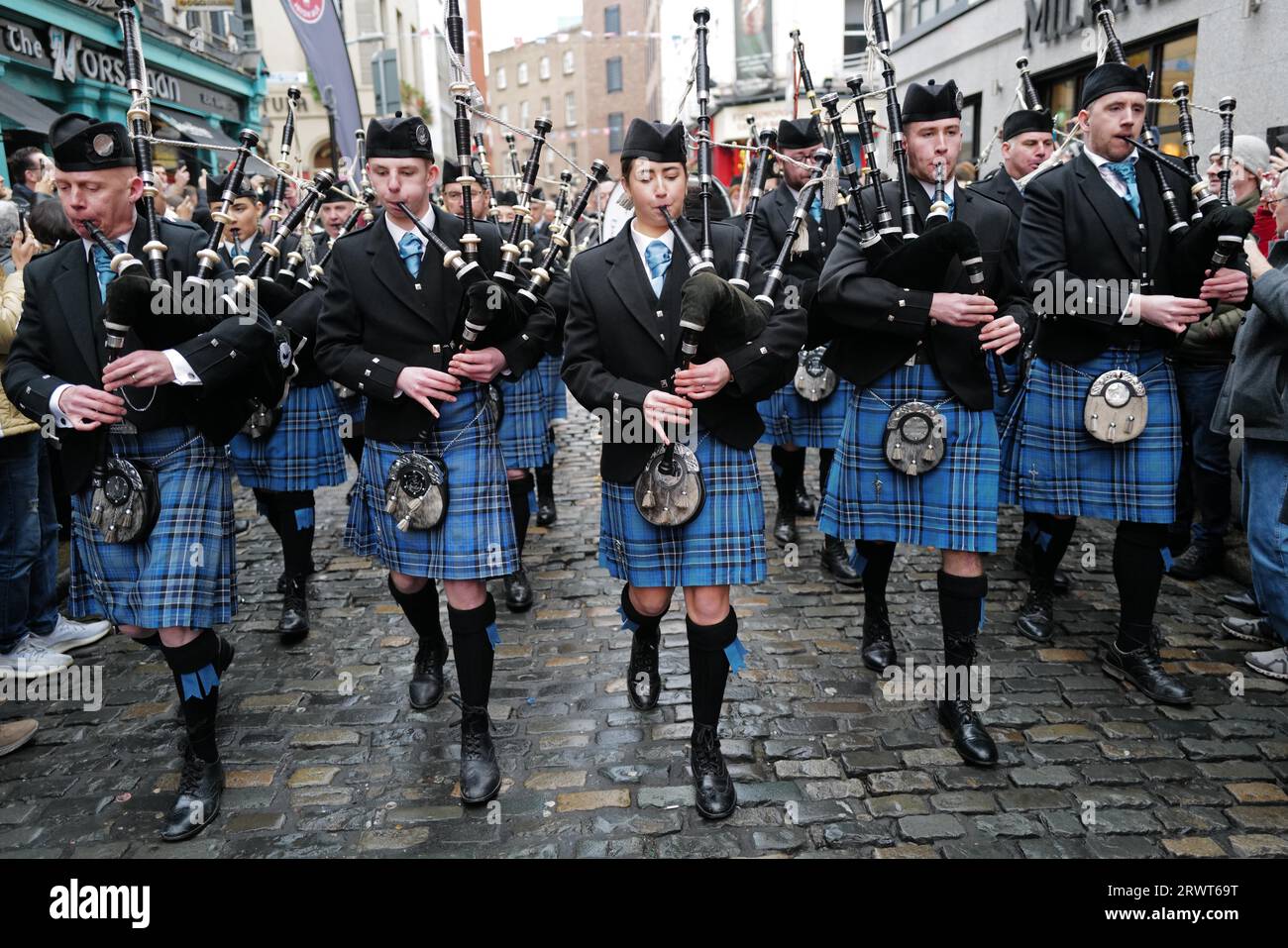 Members of the Clew Bay pipe band march through Temple Bar during the ... Members of the Clew Bay pipe band march through Temple Bar during the ...