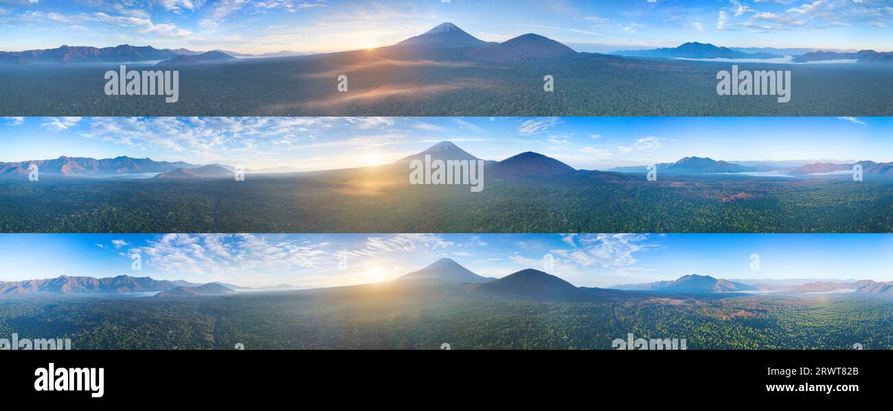 Panorama of Aokigahara Sea of Trees, Mt. Fuji, and the rising sun Stock ...