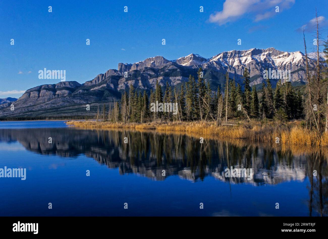Lake Talbot and peaks of the Miette Range with reflection, Lake Talbot ...