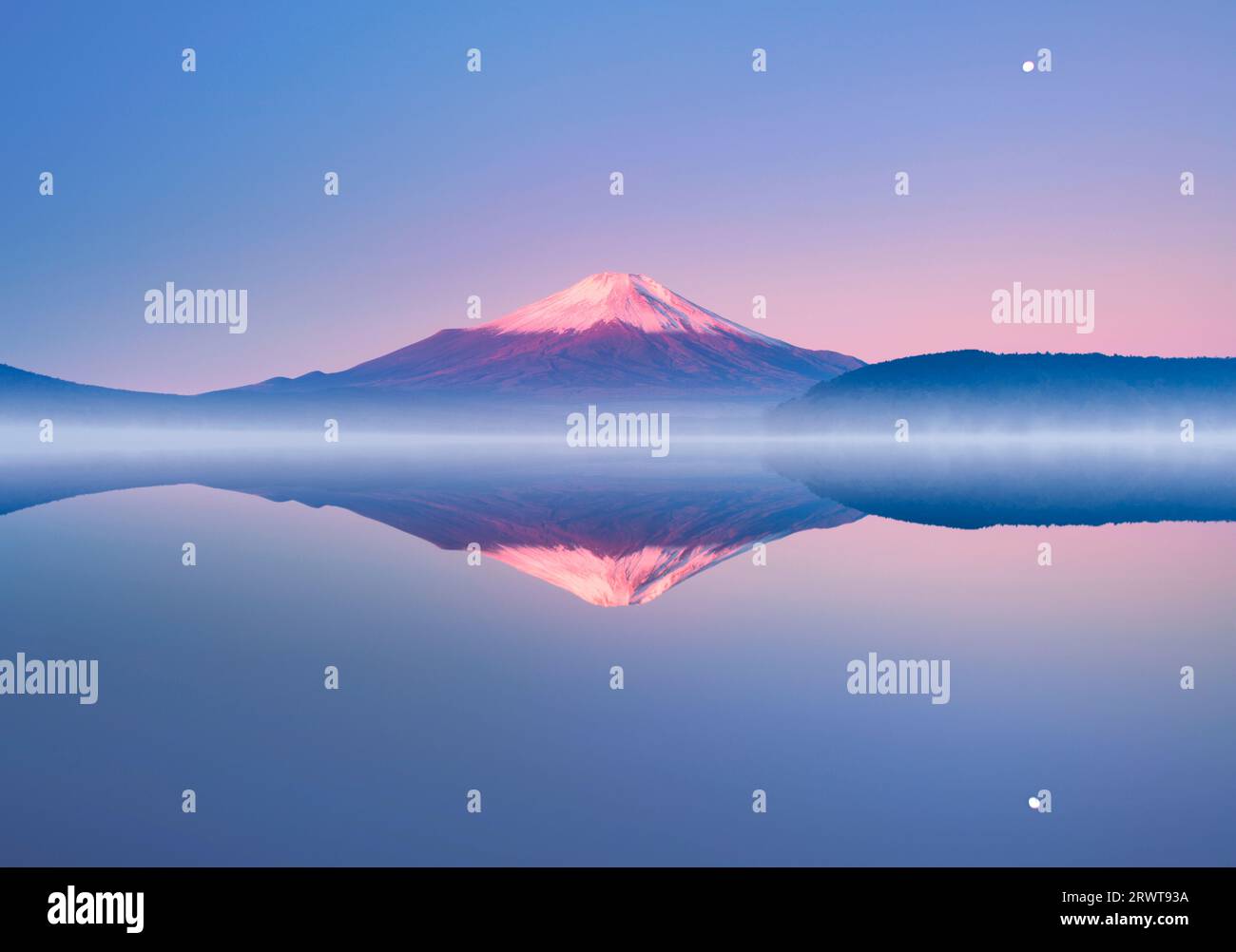 Airy Photo of Morning Red Fuji, Lake Yamanaka and the Moon Stock Photo ...