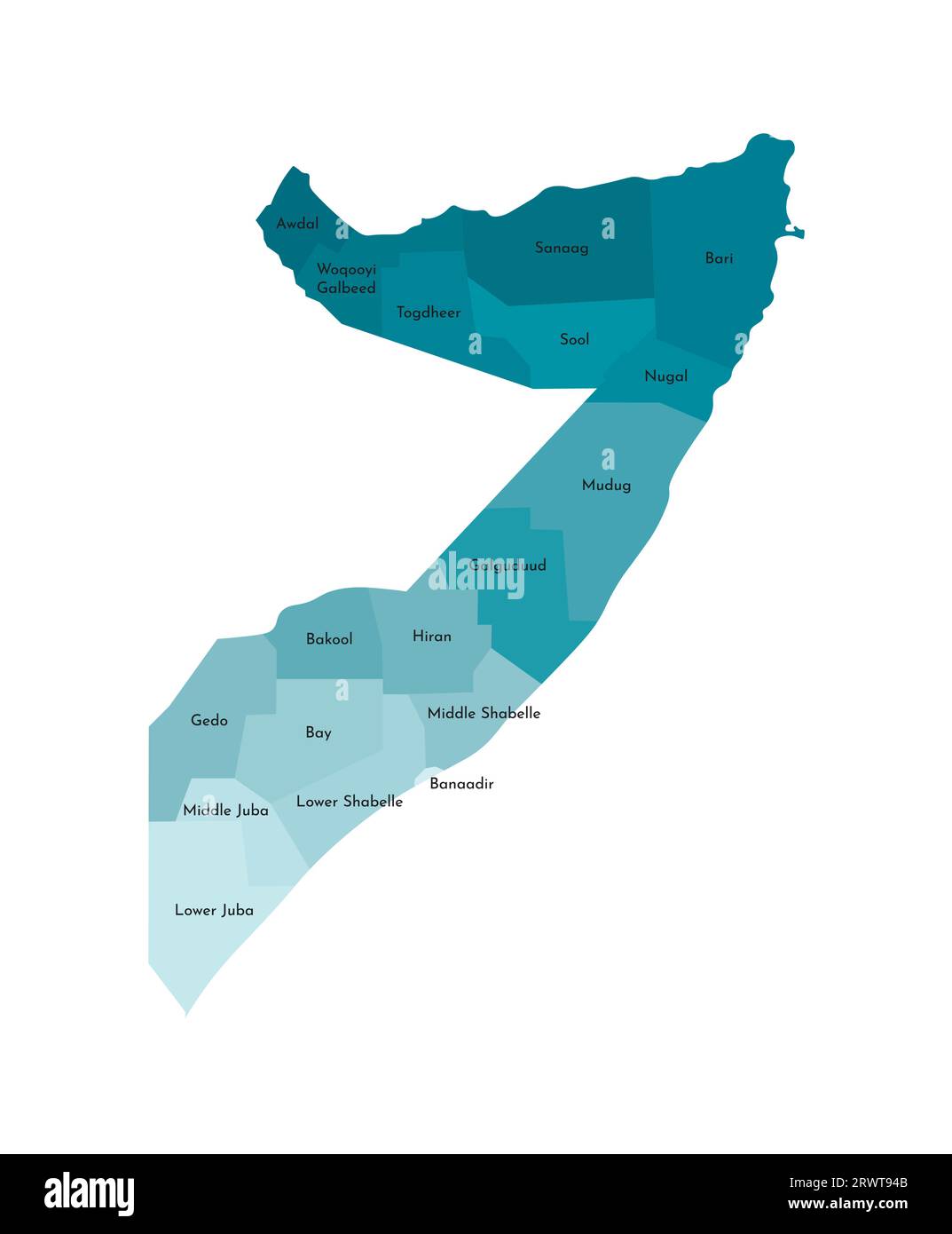 Vector isolated illustration of simplified administrative map of Somalia﻿. Borders and names of ...