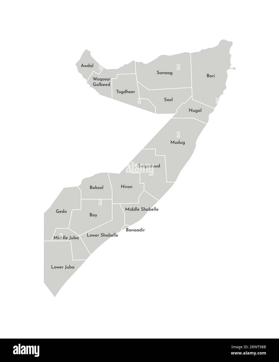 Vector isolated illustration of simplified administrative map of Somalia﻿. Borders and names of ...