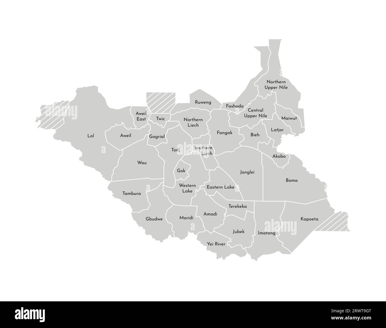 Vector isolated illustration of simplified administrative map of South Sudan. Borders and names ...