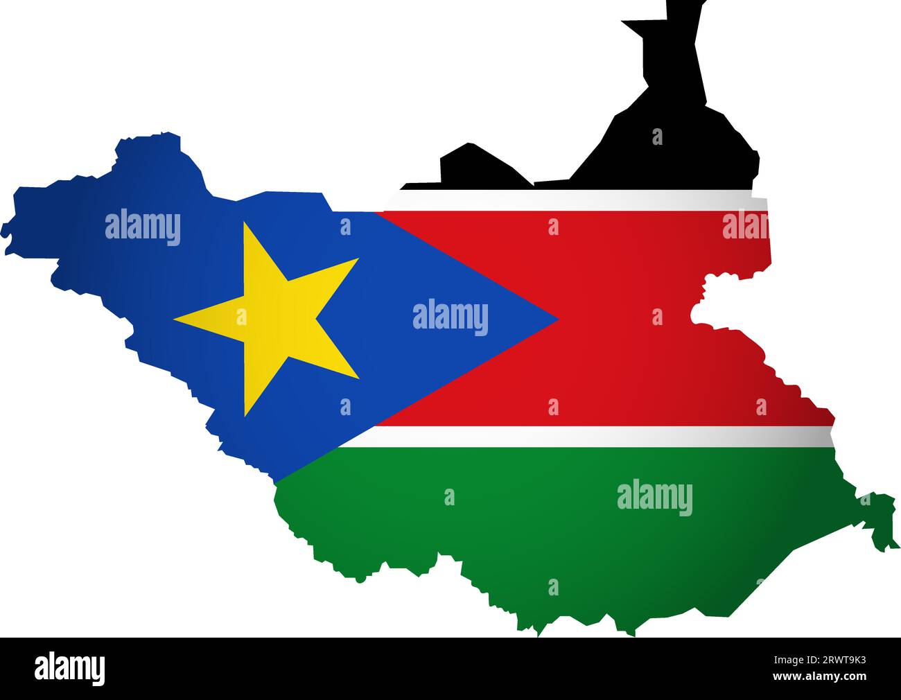 Illustration with national flag with simplified shape of South Sudan map (jpg). Volume shadow on ...